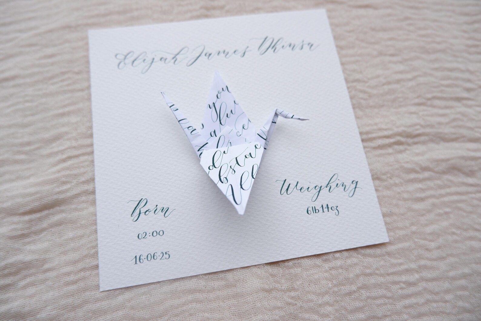 Personalised Calligraphy Paper Crane | New Baby Poem Keepsake ...