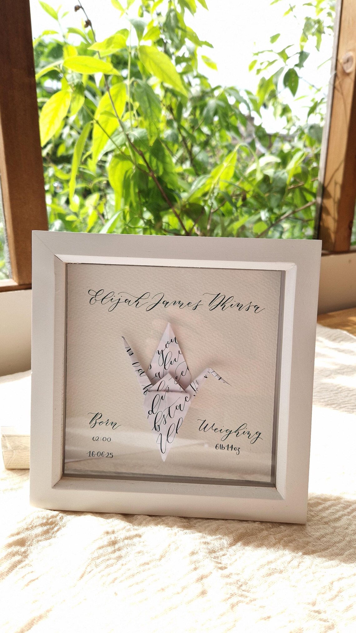 Personalised Calligraphy Paper Crane | New Baby Poem Keepsake ...