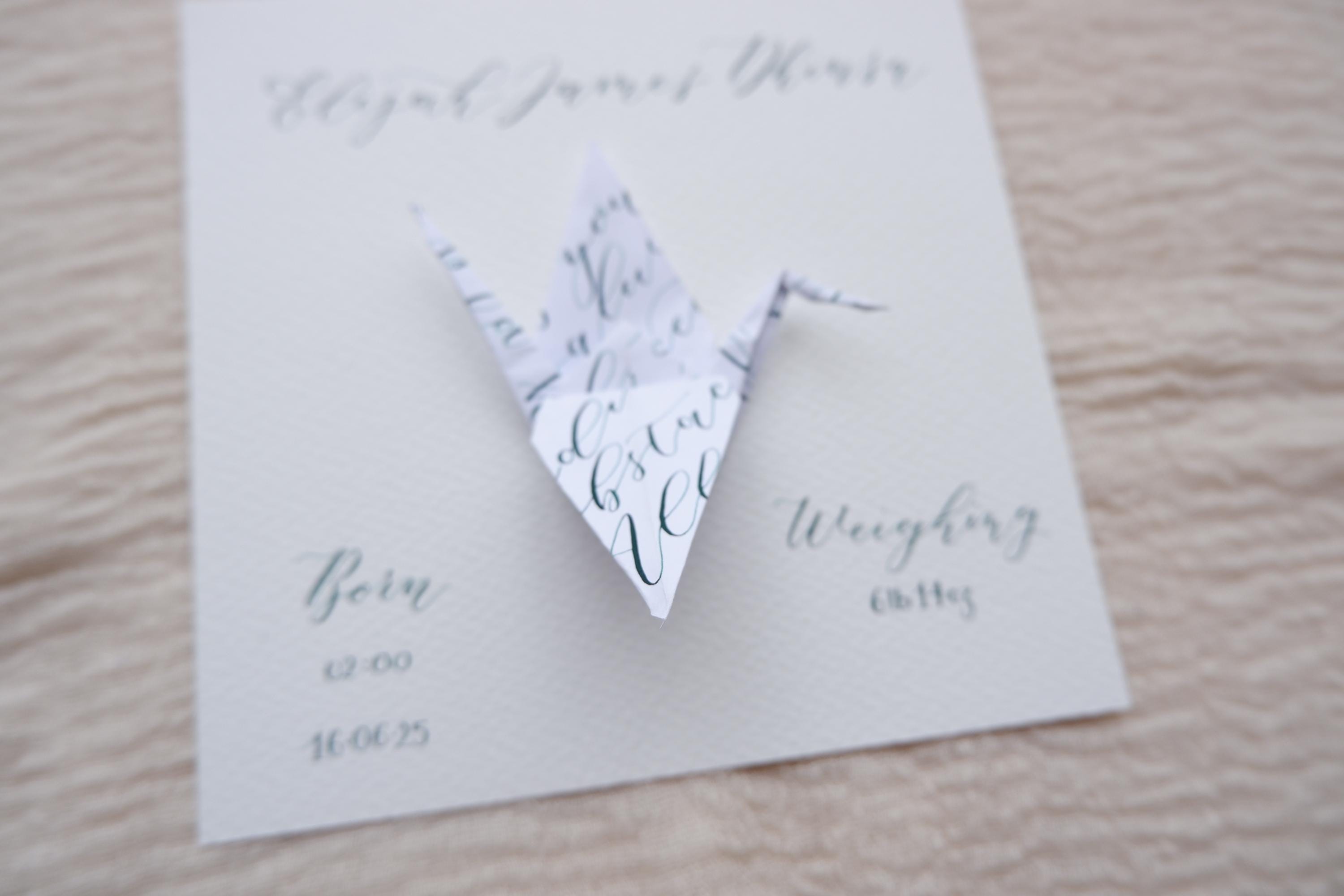 Personalised Calligraphy Paper Crane | New Baby Poem Keepsake ...