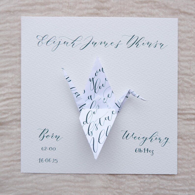 Personalised Calligraphy Paper Crane | New Baby Poem Keepsake ...
