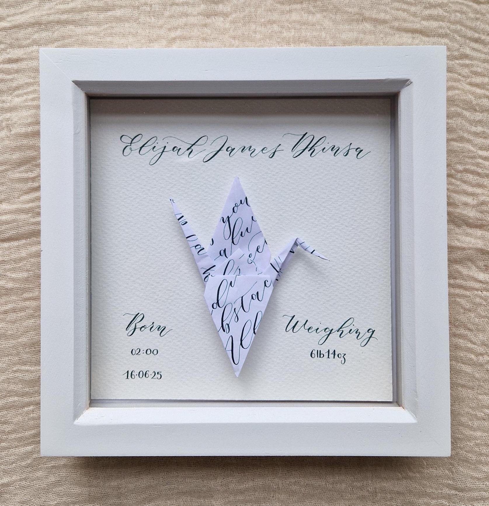 Personalised Calligraphy Paper Crane | New Baby Poem Keepsake ...