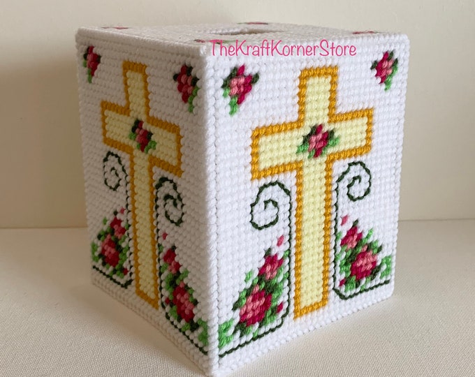 Rose Cross Tissue Box Cover, Hand Stitched on Plastic Canvas, Ready to ...