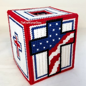 Patriotic Cross Tissue Box Cover, Hand Stitched on Plastic Canvas ...