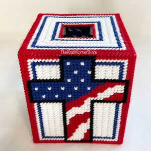 Patriotic Cross Tissue Box Cover, Hand Stitched on Plastic Canvas ...