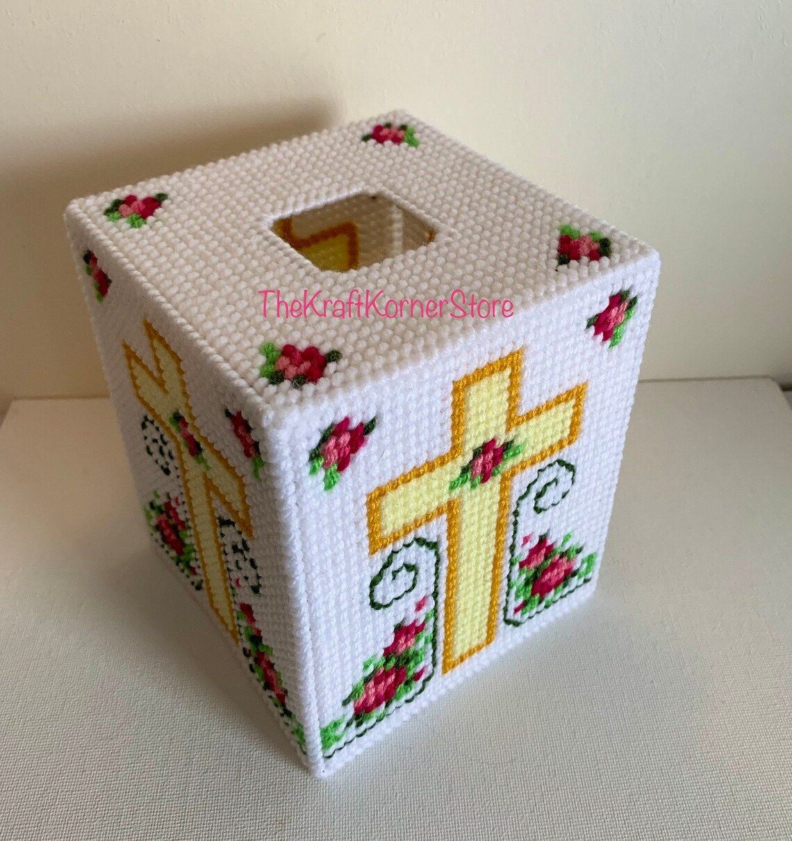 Rose Cross Tissue Box Cover hand stitched on plastic canvas | Etsy