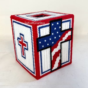 Patriotic Cross Tissue Box Cover, Hand Stitched on Plastic Canvas ...