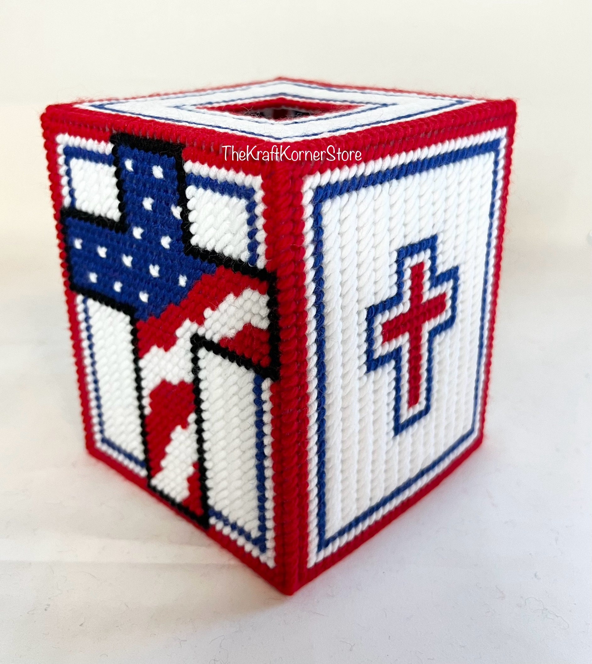 Patriotic Cross Tissue Box Cover, Hand Stitched on Plastic Canvas ...
