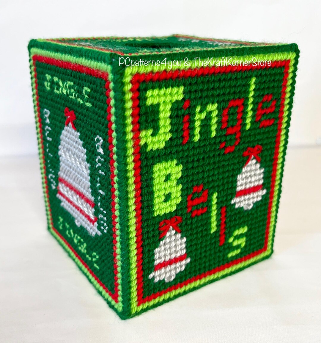 Jingle Bells Tissue Box Cover, Hand Stitched on Plastic Canvas, Ready ...