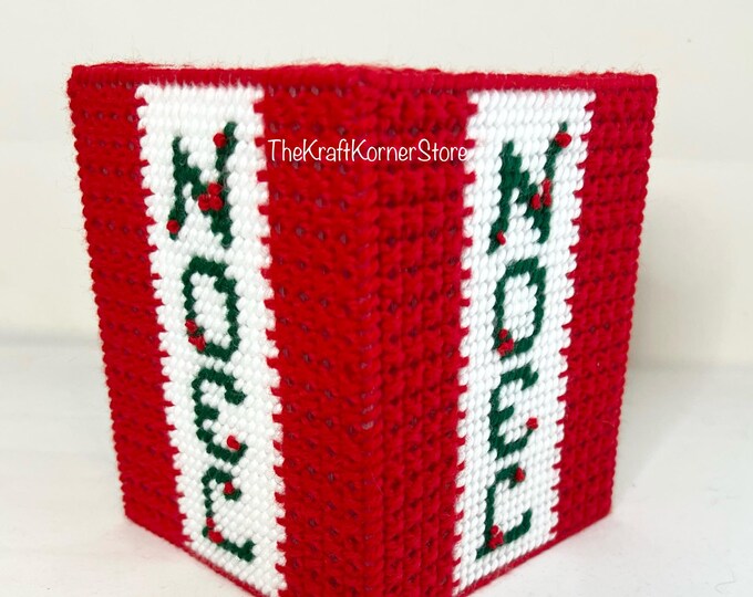 Noel Christmas Tissue Box Cover, Hand Stitched on Plastic Canvas, Ready ...