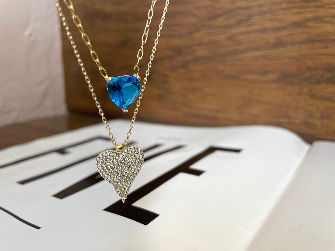 Blue Gold Heart Pendant Necklace,heart Pendant,big Heart Necklace,gold ...