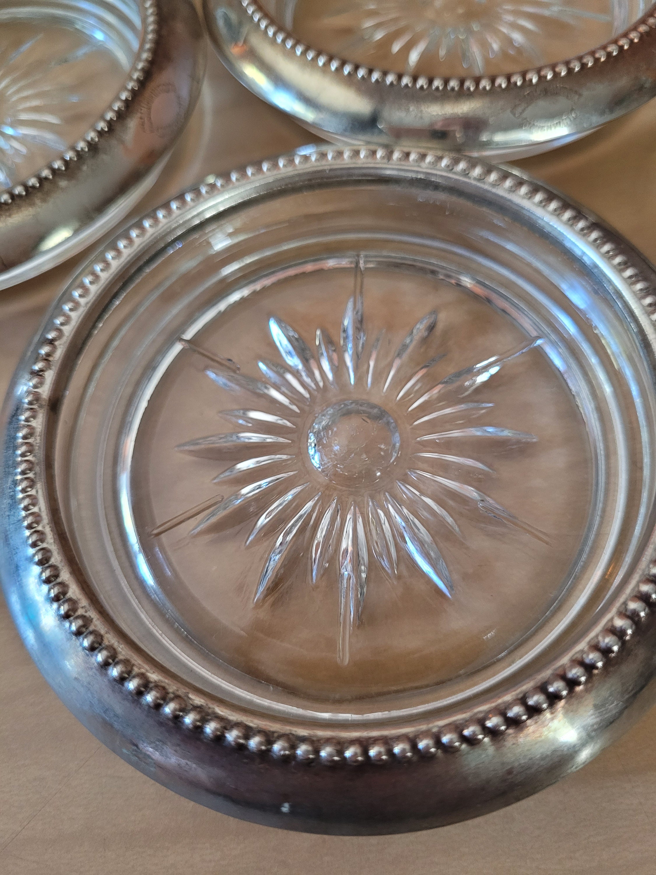 7 Vintage Cut Glass Coasters With Silver Plate Rims Starburst - Etsy