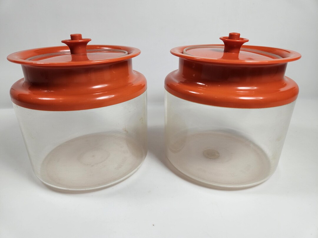 2 Vtg 1970s-80s Tupperware Clear and Orange Canisters, Each 3.75 Cup ...