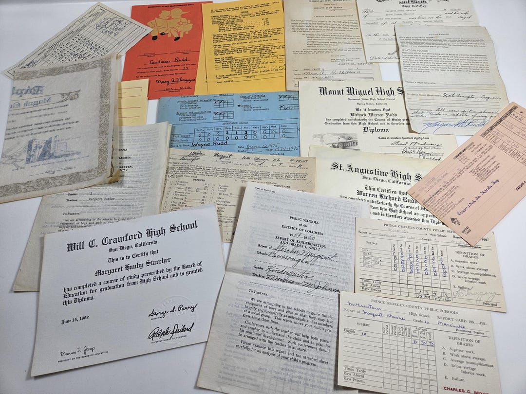 20-piece Vtg Report Cards, Diplomas, School Envelopes, Etc // 1940s-80s ...