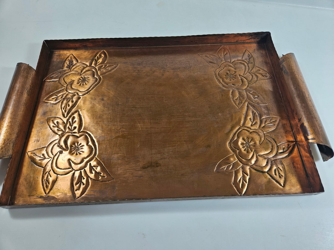 Vtg Handmade Solid Copper Tray With Flowers // Signed 1949 Lillian ...