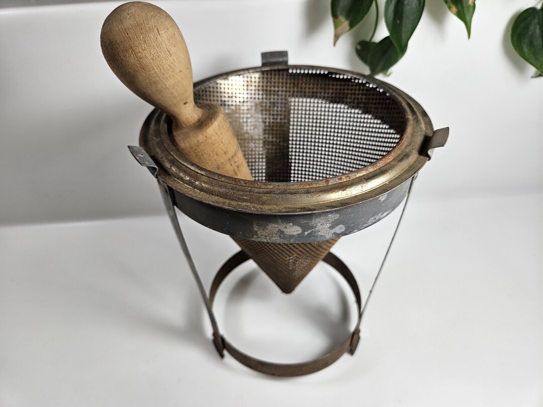 Tin Cone Tripod Strainer With Wooden Pestle Masher // Colander 9" Tall ...