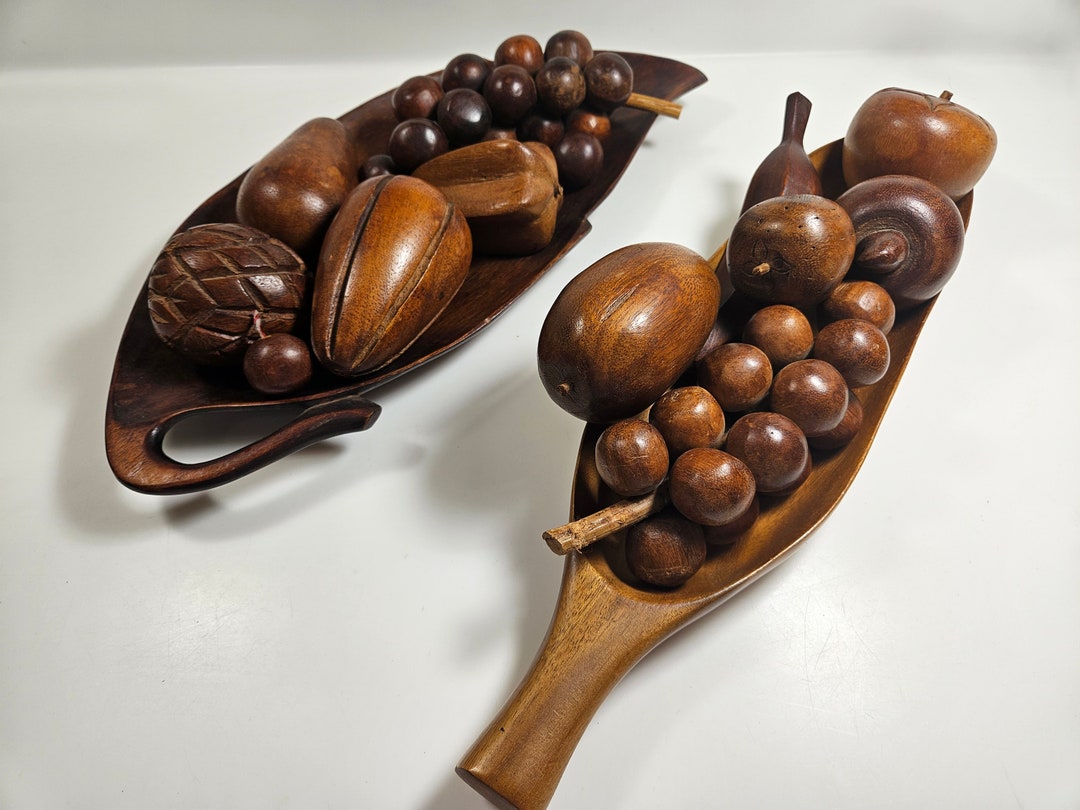 Vtg Solid Wood Carved Fruit Set in Wood Tray, 2 Choices // 3 to 8 ...