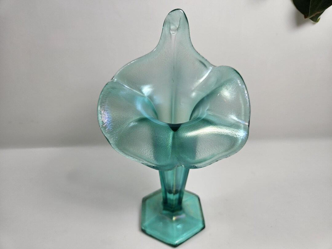 Vtg Fenton Iridescent Stiegel Green Jack-in-the-pulpit Small Vase, 8 ...