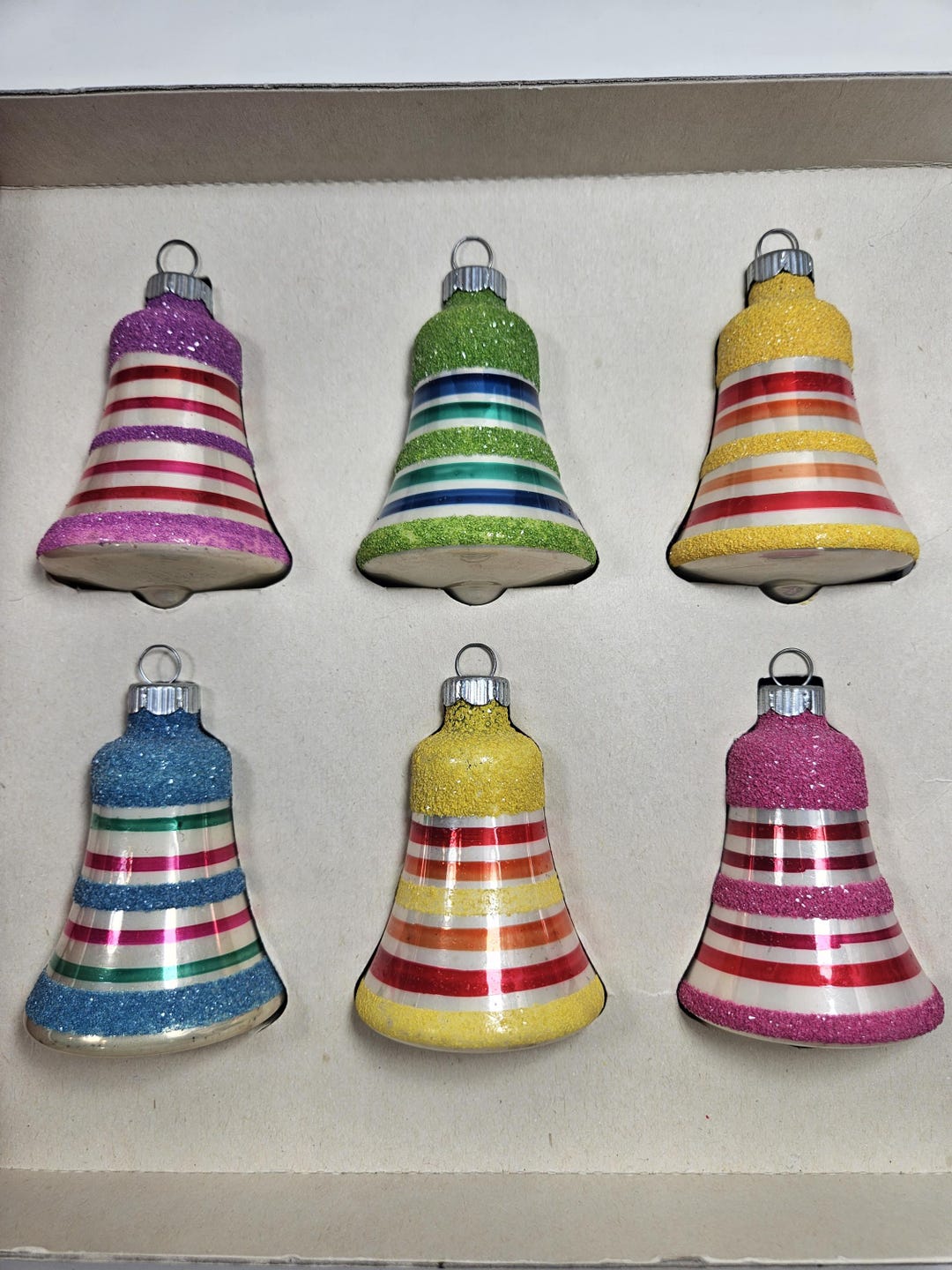 6 Shiny Brite Mica Glitter Bells Set in Original Box - Etsy
