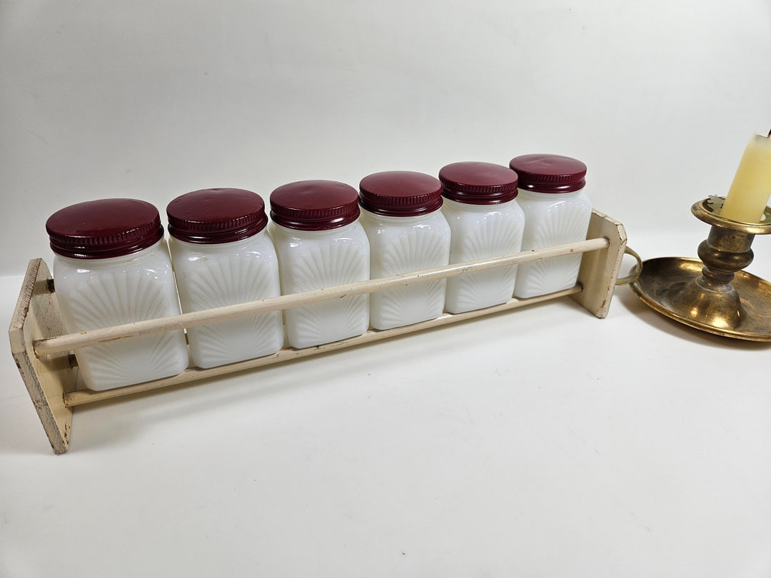 6 Milk Glass Spice Jars in Wood Rack, Red Screw off Lids - Etsy