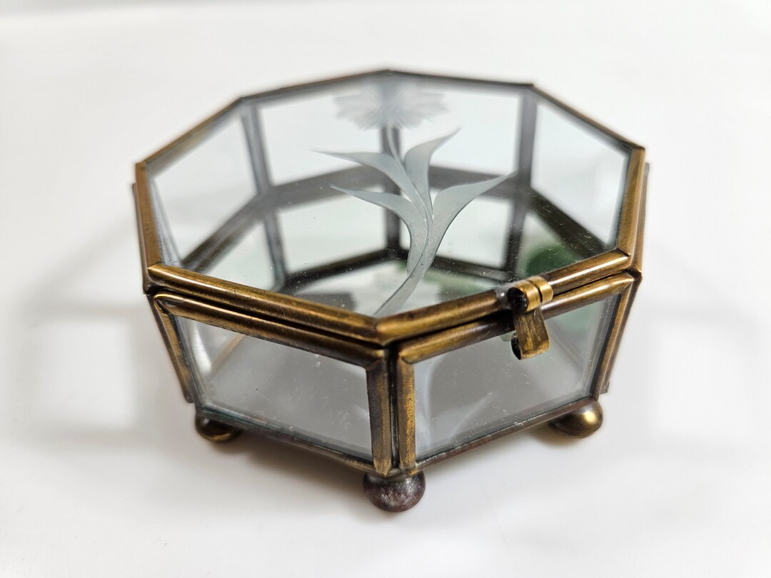 Vtg Hexagonal Glass and Metal Display Case, Etched Flower // 3.5 X 1.5 ...