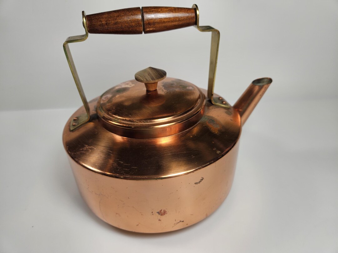 Vtg Copper Kettle // Brass and Wood Handle // Tagus, Made in Portugal ...