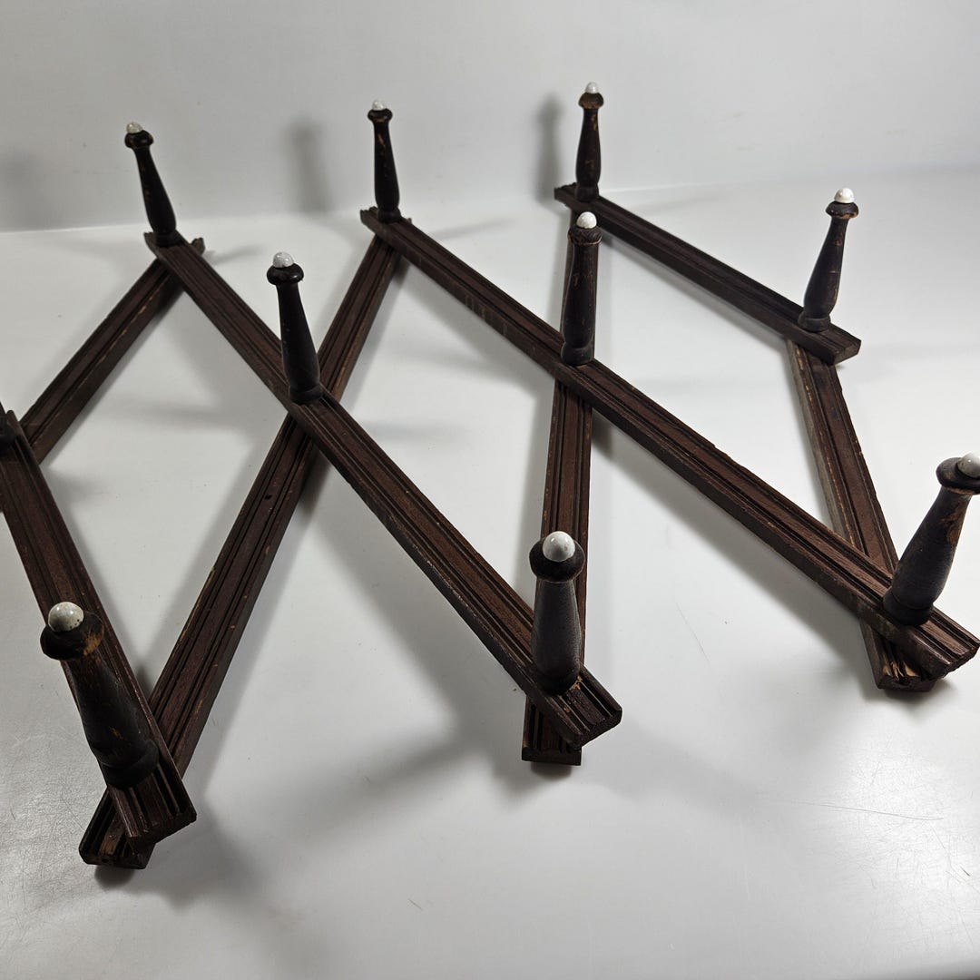 Antique Wooden Accordion Peg Rack With 10 Wall Hooks, White Ceramic ...