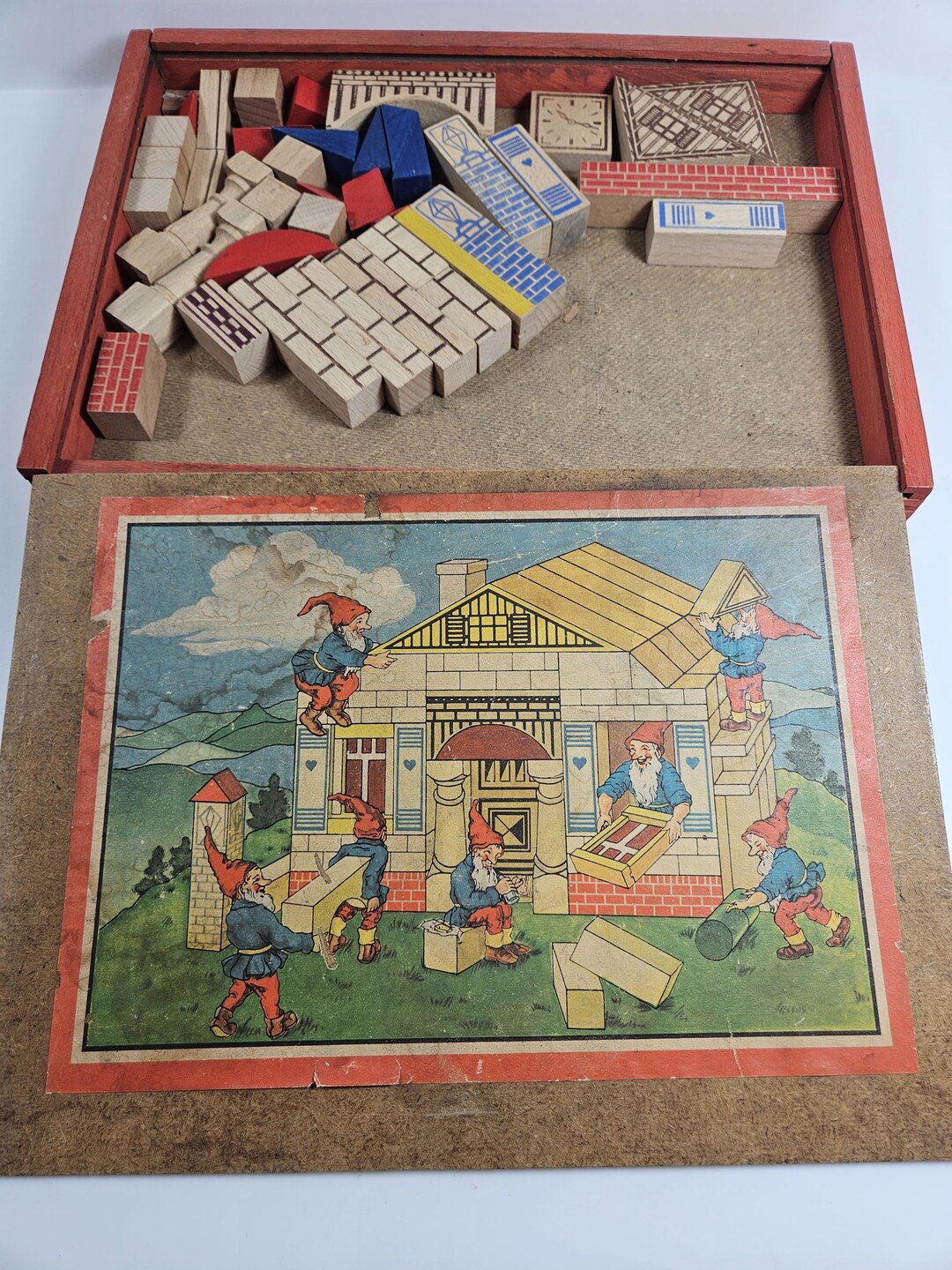 Antique or Vtg German Wood Blocks Set in Box With Gnomes // Box is 12 X ...
