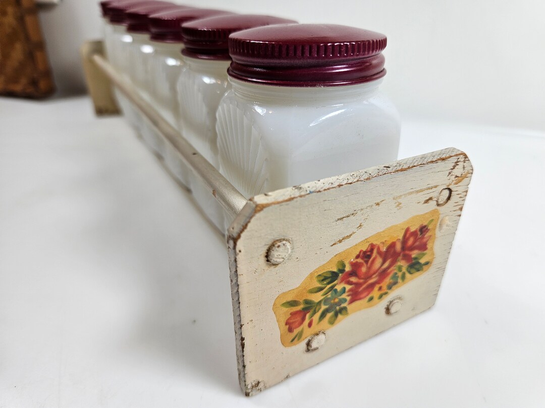6 Milk Glass Spice Jars in Wood Rack, Red Screw off Lids - Etsy