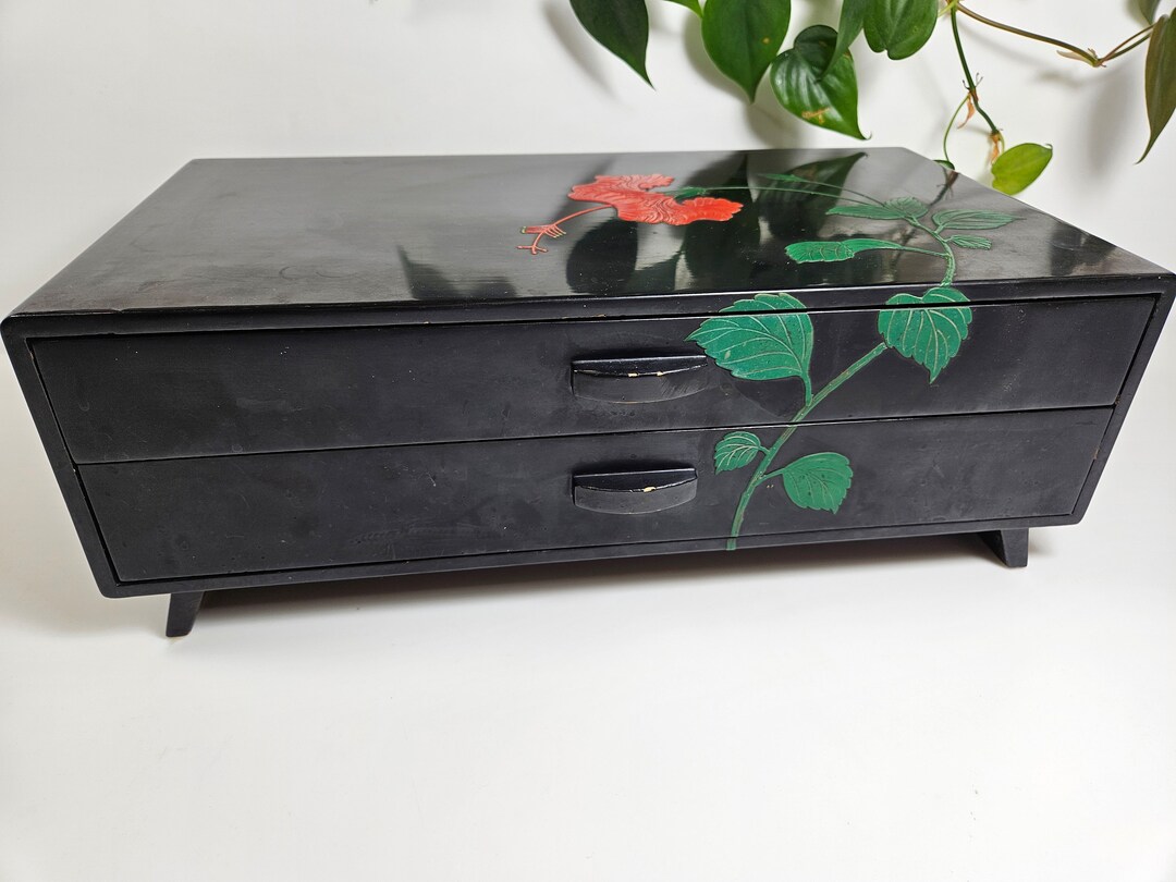 Vtg Mid Century Japanese Black Lacquer 2-tier Wood Jewelry Box W/ Red ...