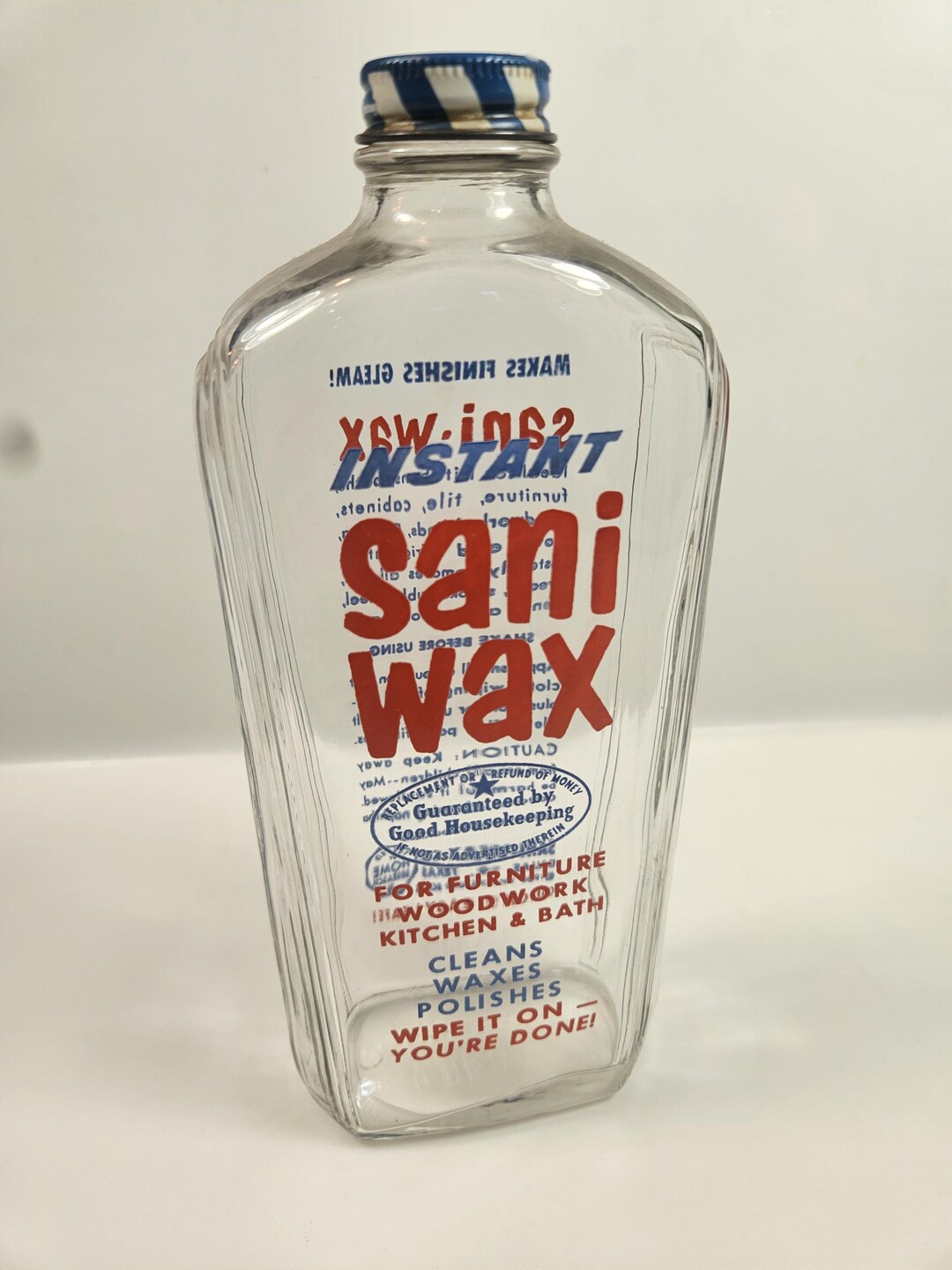 1960 Emtpy Sani-wax Glass Bottle, Red White and Blue // 1 Pint, 8.5 X 3 ...