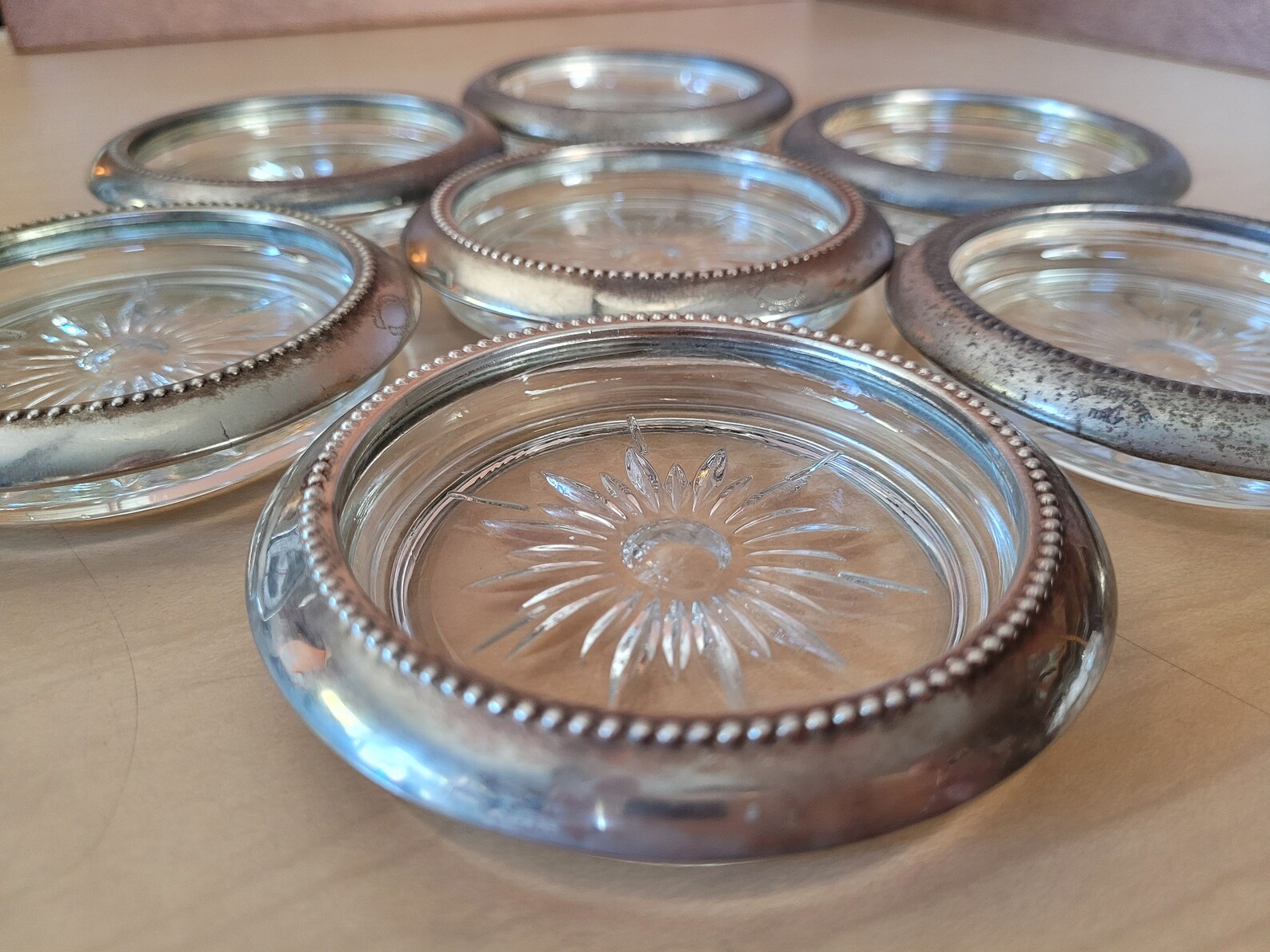 7 Vintage Cut Glass Coasters With Silver Plate Rims Starburst - Etsy