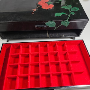 Vtg Mid Century Japanese Black Lacquer 2-tier Wood Jewelry Box W/ Red ...