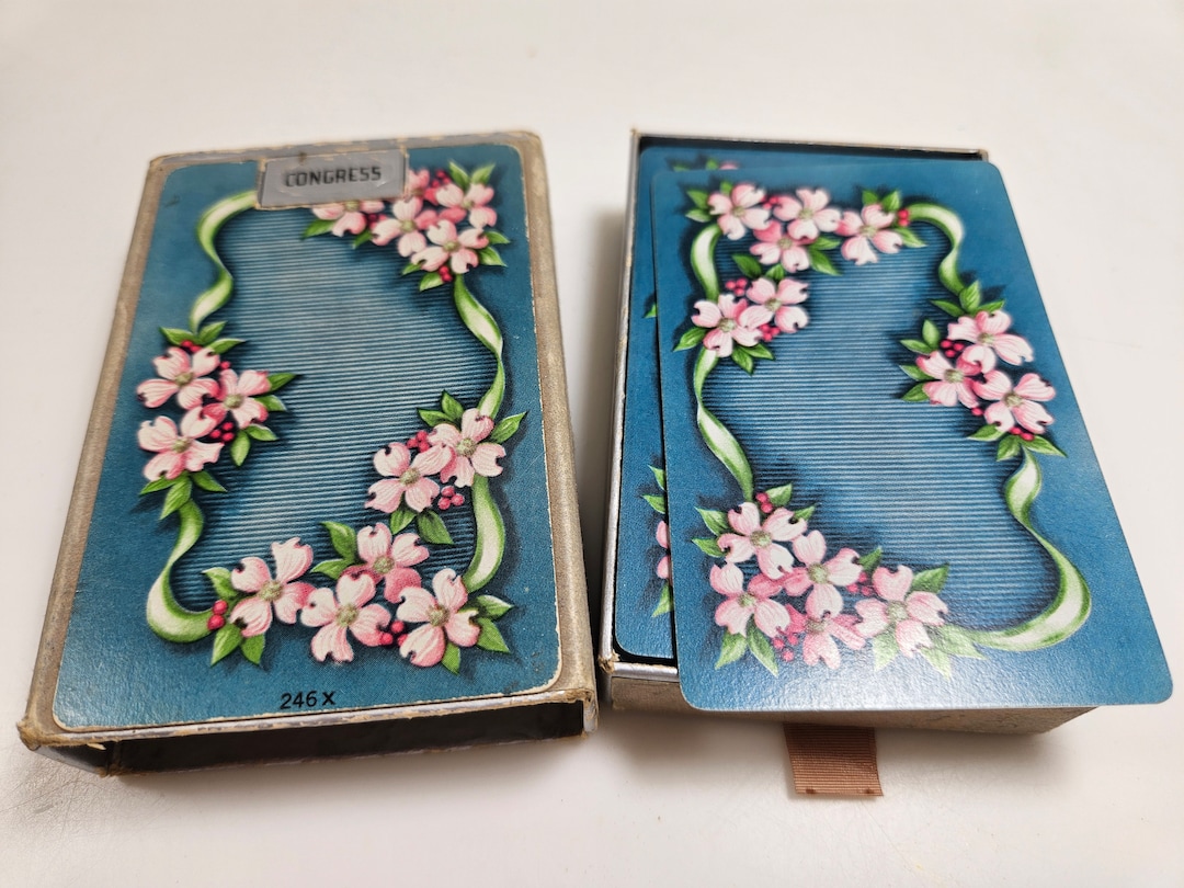 Vtg 1925 Congress Playing Card Deck in Flocked Case, Dogwood Flower ...