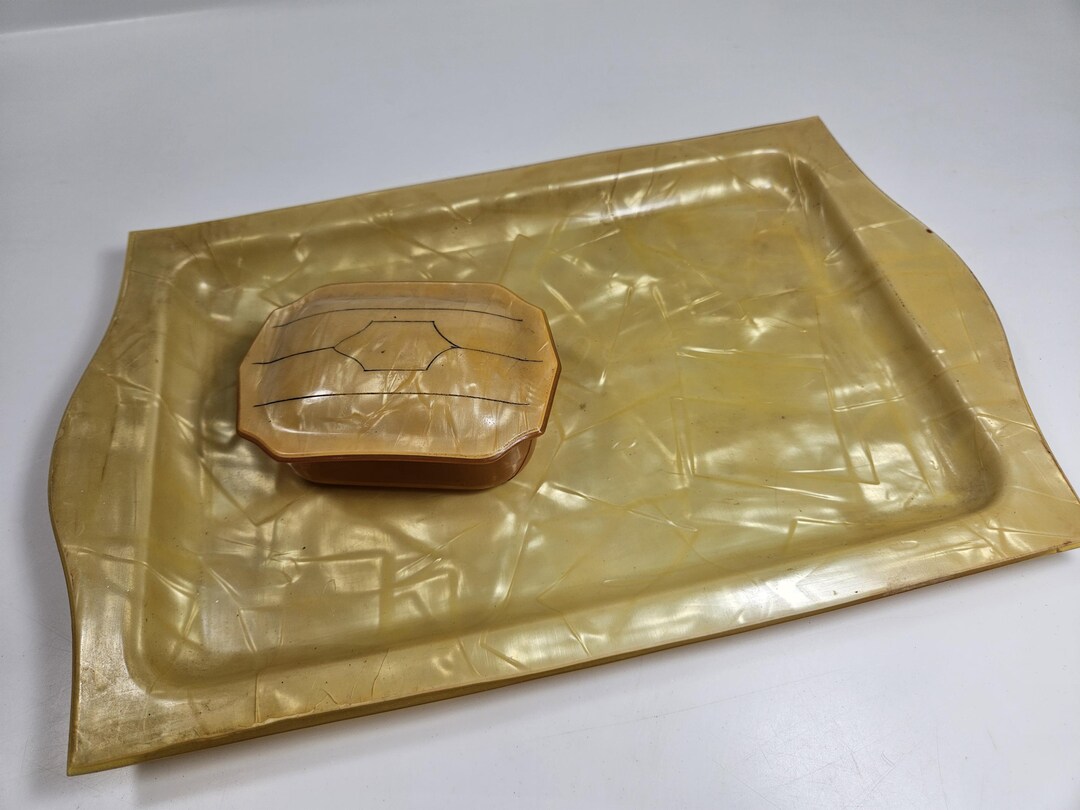 Two Antique Celluloid Vanity Items, Tray and Soap Container // Tray is ...