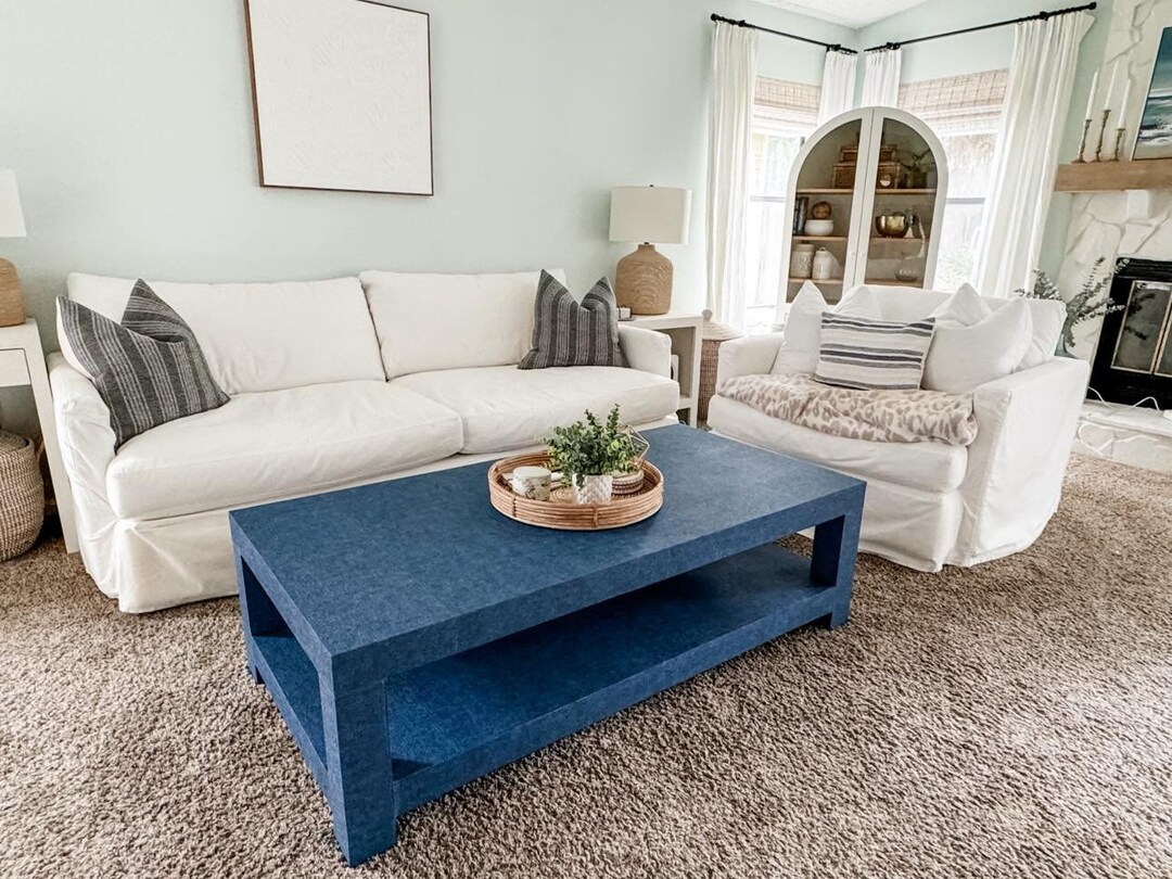 Custom Coastal Grasscloth Wood Coffee Table, Navy Blue Rectangle Coffee ...