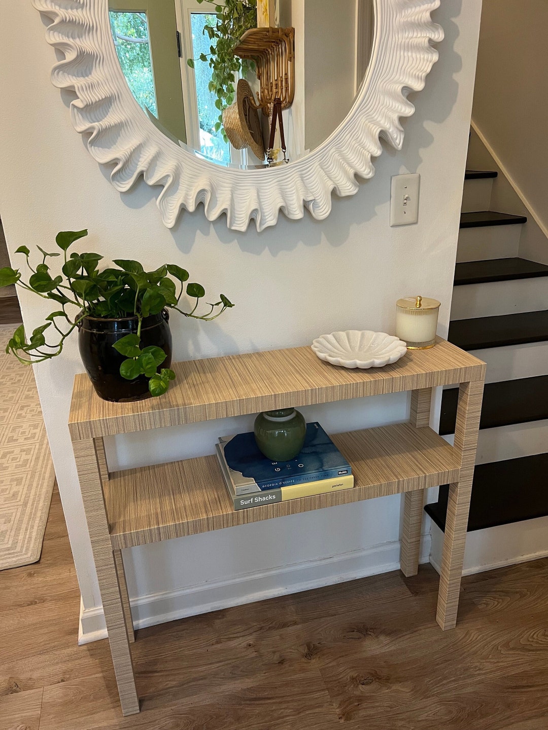 Grasscloth Console Table: Modern Coastal Raffia Entryway Table, Parsons ...