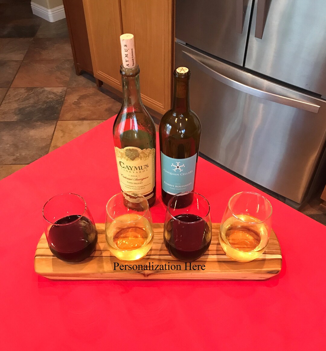Personalized Wine Set Serving Tray - Teak - 4 Stemless Wine Glasses ...