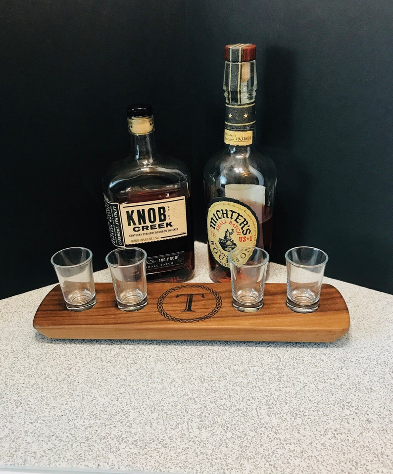 Monogrammed 4 Shot Glass Serving Tray Set Walnut Whisky | Etsy