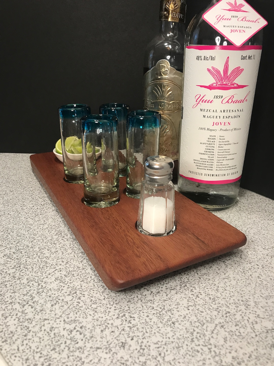 Tequila Mahogany Serving Tray Set With Salt Shaker, Bowl, & 4 Aqua Rim ...