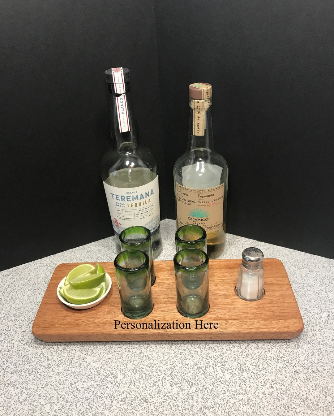 Tequila Mahogany Serving Tray Set With Salt Shaker, Bowl, & 4 Green Rim ...