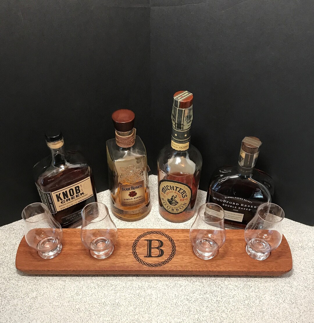 Monogrammed 4 Glencairn Glass Serving Tray Set - Solid Mahogany ...