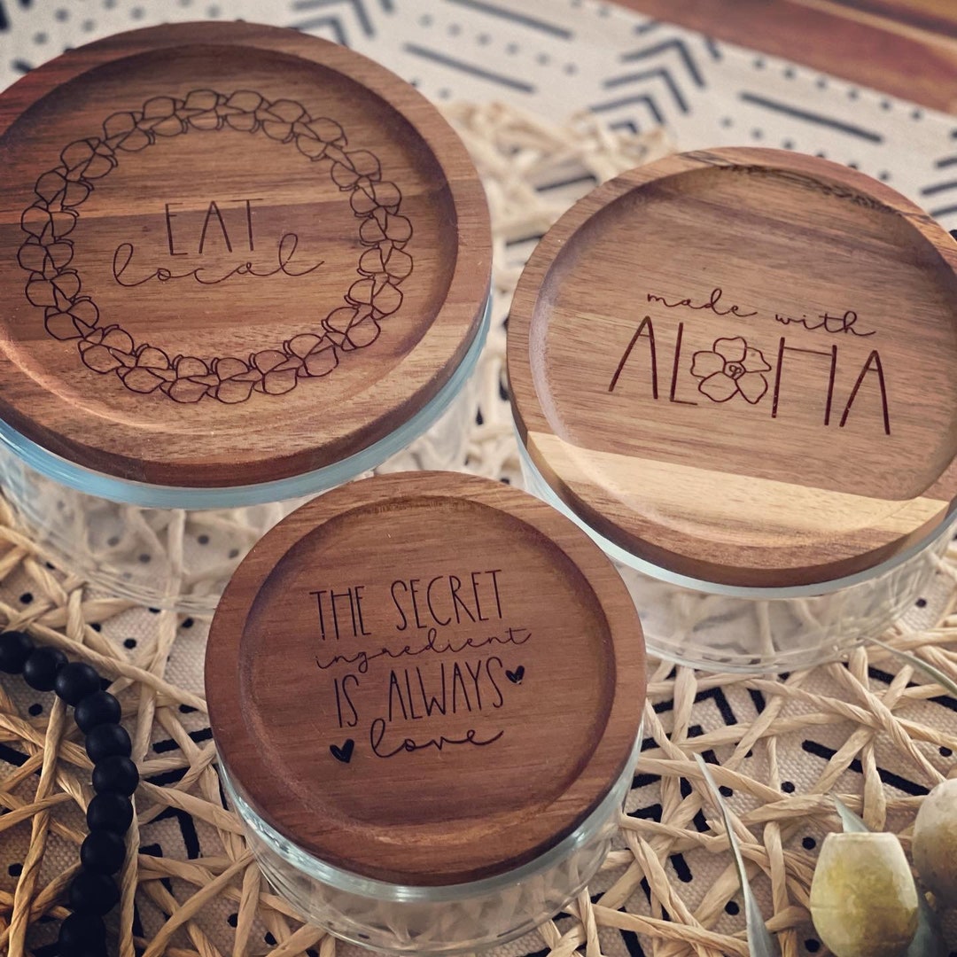 Set of 3 Glass Containers With Custom Engraved Wooden Acacia Air Tight ...