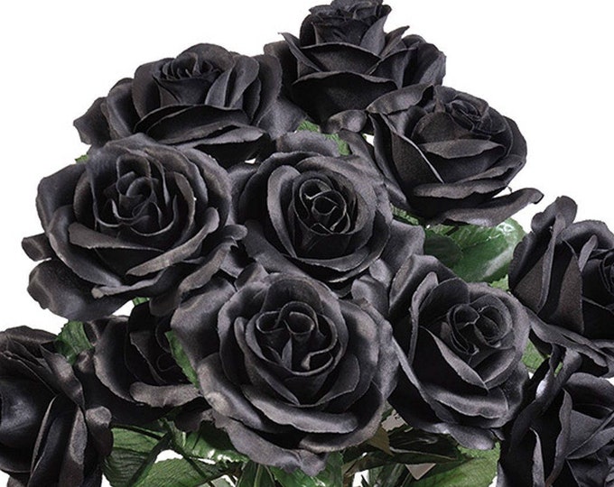 12 Black Roses, Open Roses Bouquet, Rose Bush, Artificial Roses, Silk ...