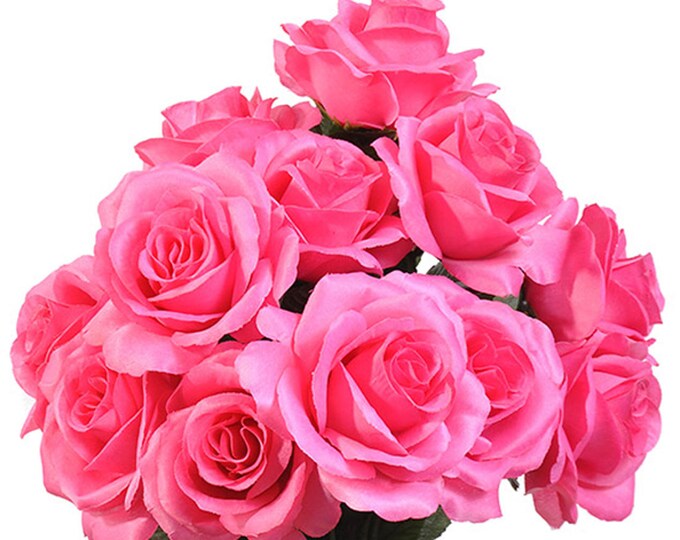 12 Open Hot Pink Roses, Artificial Flowers, 4 Rose Head, Wedding ...