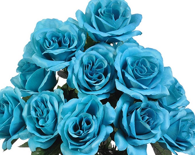 12 Open Turquoise Roses, Artificial Flowers, Malibu Blue, Wedding ...