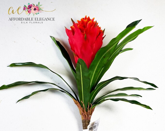 14" Flame Red Bromeliad Plant, Faux Tropical Silk Flowers, Artificial ...