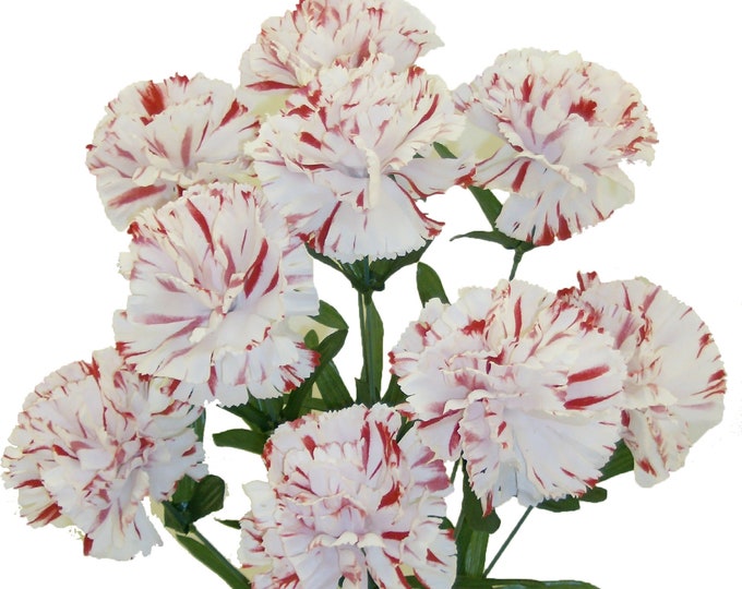 20" Peppermint Carnation Bush, 9 Heads, Red & White, Artificial Fake ...