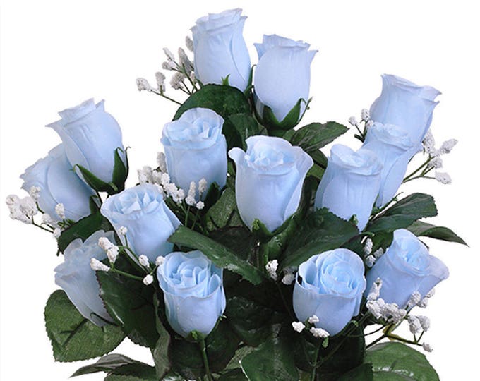 14 Light Blue Roses Buds, Long Stems, Bush Bouquet, Artificial Roses ...