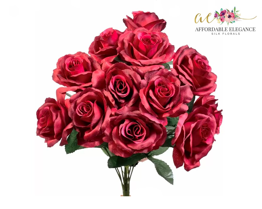 12 Open Burgundy Roses, Artificial Flowers, 4" Rose Head, Wedding ...