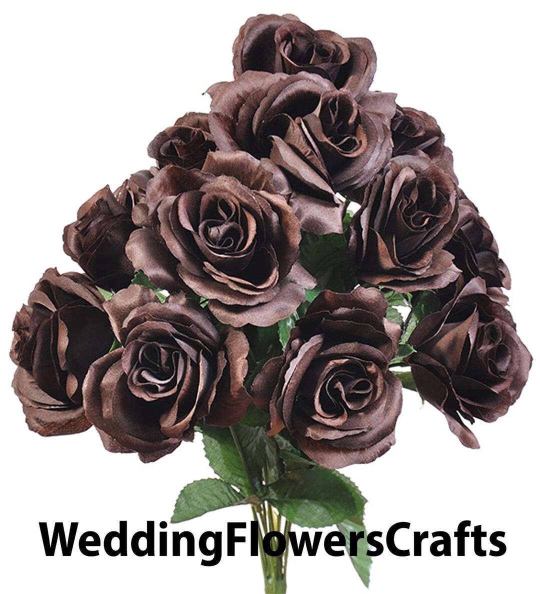 12 Open Chocolate Brown Roses, Dark Brown Artificial Flowers, 4 Rose ...